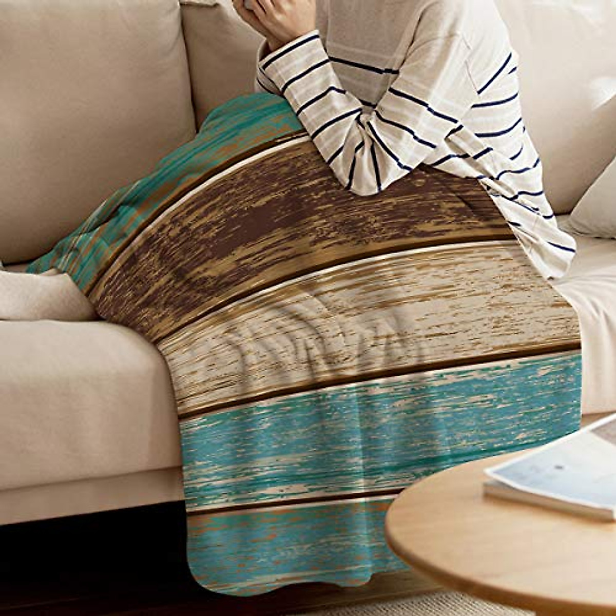 Vandarllin Retro Rustic Wood Texture Super Soft Throw Blankets Teal Green Brown Fluffy Fuzzy Flannel Bed Blanket Decorative for Home Sofa Couch Chair Living Bedroom (50x60 Inch)