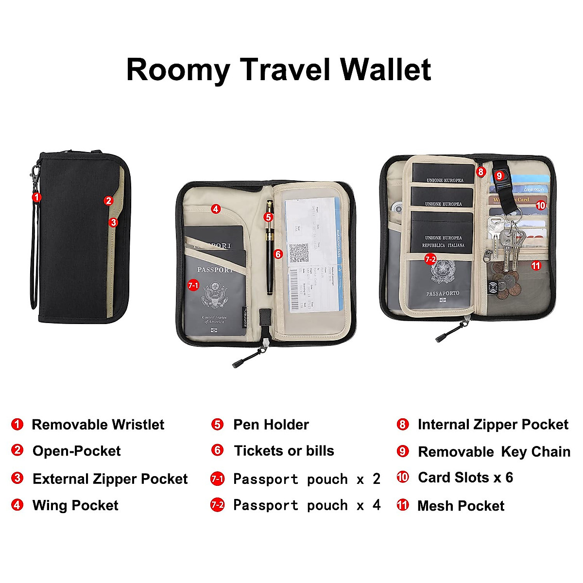 ZOPPEN Rfid Passport Holder Travel Wallet Family Documents Organizer Travel Accessories for 6 Passport, #01 Black