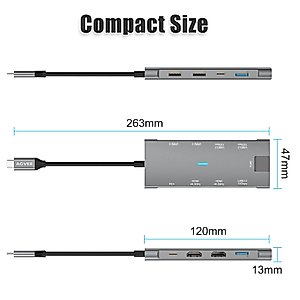 AGVEE Dual 4K@60HZ HDMI USB-C Hub, 9-in-1 Type-C Adapter with Flip Gigabit Ethernet RJ45, 2 Displays Monitors Output, 100W PD & USBC Data Dock for Steam Deck, MacBook Laptop, iPad Pro, Gray