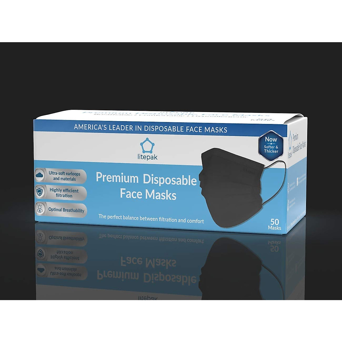 Litepak 2000pcs Disposable Face Masks Black 3-Ply Adult Mask Nose Wire Protection - Breathable Protective Face Covering (Black)