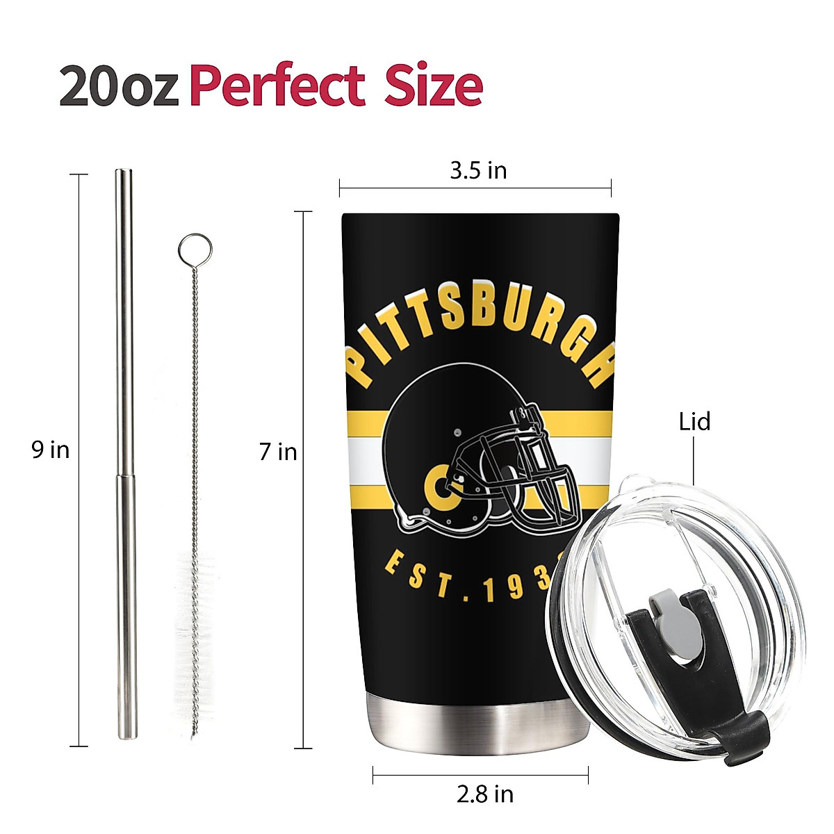 Custom Pittsburgh Tumbler 20oz Stainless Steel with Lid & Straw Personalized Football Fans Gifts for Women Men Coffee Travel Mug Cup Add Name Number
