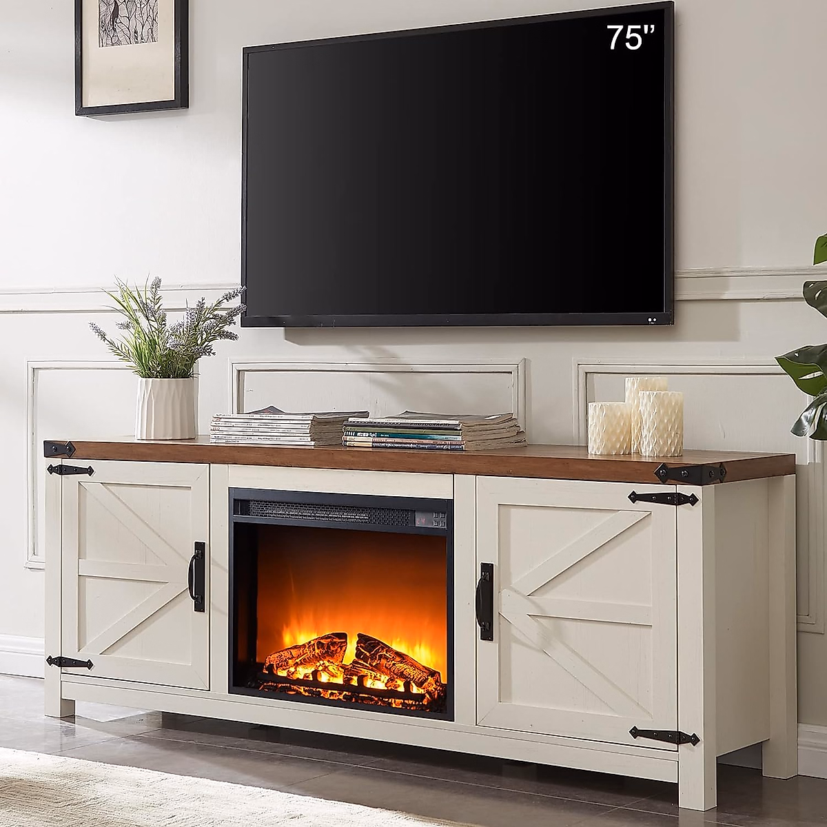 T4TREAM Fireplace TV Stand for 75 Inch TV, Farmhouse Barn Door Media Console, Entertainment Center with 23" Electric Fireplace Remote Control,for Living Room, 66 Inch, Antique White