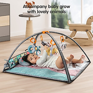 TUMAMA Baby Gym,Playmats with Removable Hanging Toys and Plush Tummy Time Pillow,High Contrast Baby Activity Mat