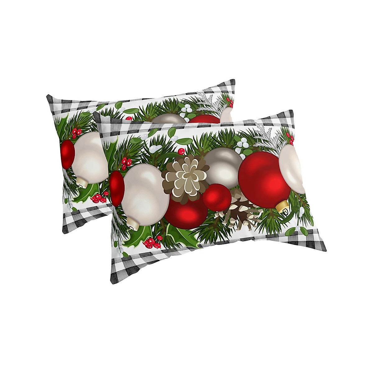 Hokiten Standard Size Pillow Cases Set of 2 - Christmas Balls, Microfiber Soft Pillowcases with Envelop Closure, Black White Buffalo Pine Cones Berries Lumbar Pillow Cover for Sofa/Couch, 20x26 Inches