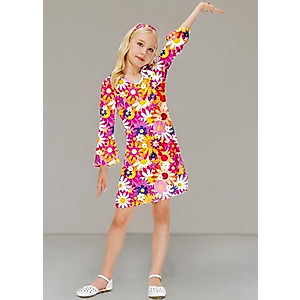 60s Dress 70s Hippie Halloween Pink Floral Long Sleeve Gogo Dresses Pink 7-8 Years