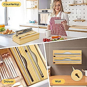 PentaQ Foil and Plastic Wrap Organizer, WrapNeat 2 in 1 Plastic Wrap Dispenser with Cutter and Labels, Aluminum Foil Organization and Storage, 12" Roll Organizer Holder for Kitchen Drawer (Natural)