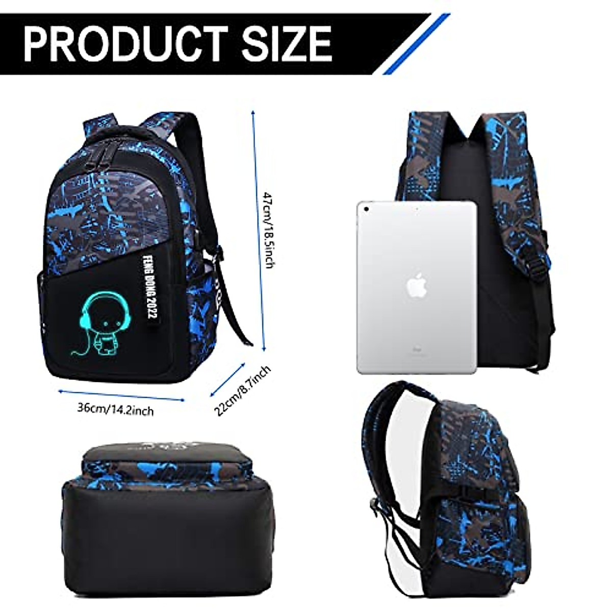 EDOSSA Backpack for Boys, 15.6 Laptop Backpack with USB Charging Port, Bookbag for School,Messenger Bag,Teens Backpack, Cool Backpack School, Backpack for Girls/Boys,luminous backpack，anime backpack.