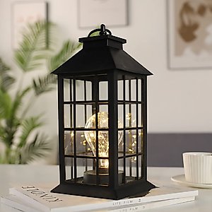 JHY DESIGN Waterproof Decorative Hanging Lantern 12''High Plastic Lantern Holder Battery Powered with LED Bulb and 6H Timer Lights for Balcony Garden Hallway Entryway Indoor Outdoor（Square Stripe）