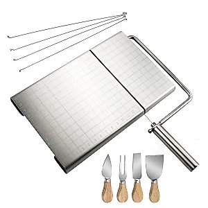 Cheese Slicer Stainless Steel Butter Cutter Cheese Cutter with Precision Scale Plate for Accurate Cuts with Four Replacement Cords and Knife and Fork Set of Four for Cheesecake Butter Sausage