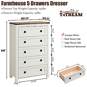 T4TREAM Farmhouse 5 Drawers Dresser Chests for Bedroom, Wood Rustic Tall Chest of Drawers, Dressers Organizer for Bedroom, Living Room, Hallway, Antique White