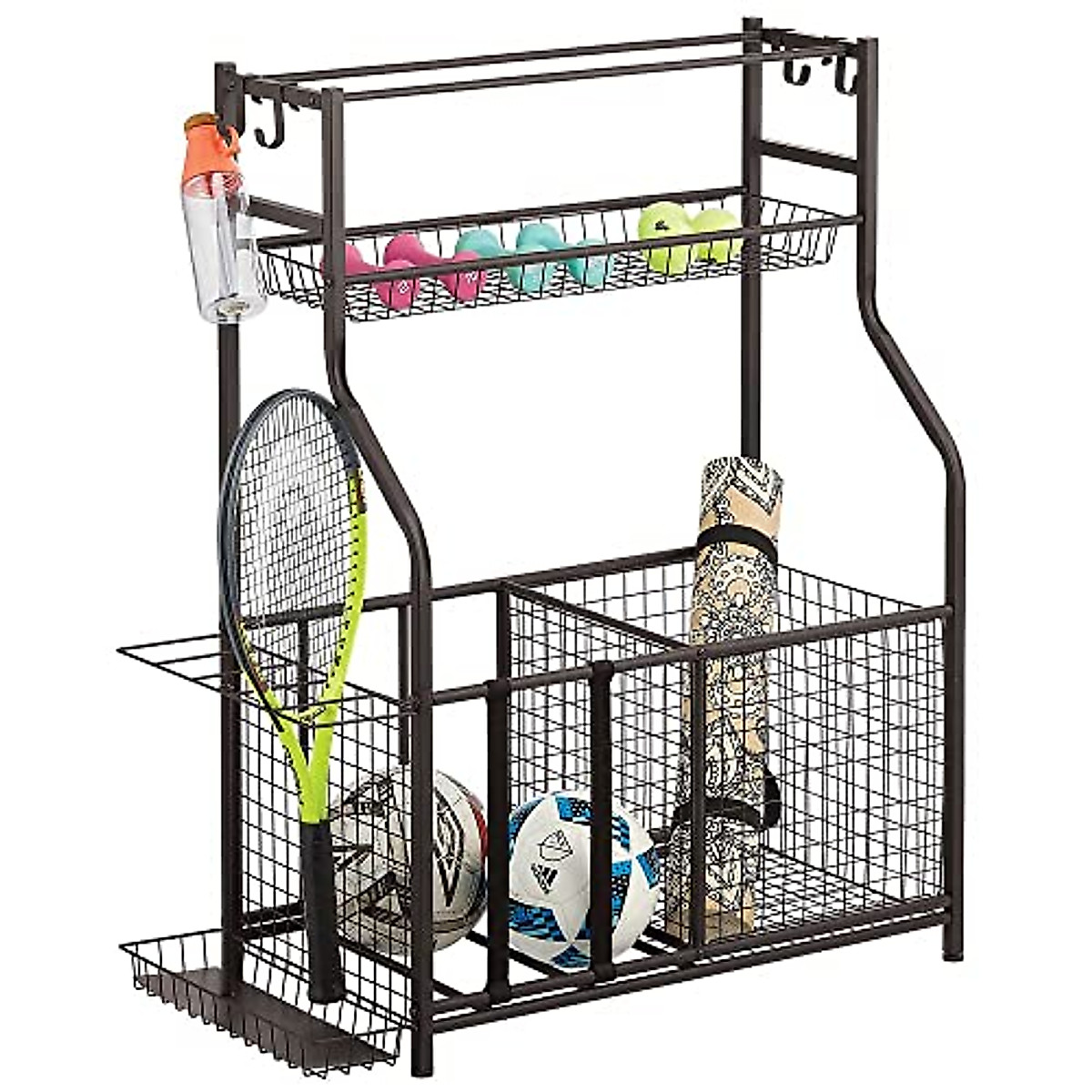 mDesign Metal Heavy Duty Garage Storage System Rack with Top Shelf, Multi-Purpose Sporting Goods Storage with Multiple Compartments, Baskets and Hooks - Holds Equipment, Balls, Bats - Bronze