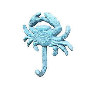 Hampton Nautical Whitewashed Cast Iron Crab Hook, 5", Rustic Light Blue