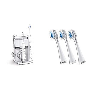 Waterpik CC-01 Complete Care 9.0 Sonic Electric Toothbrush + Water Flosser, White, Medium with Triple Sonic Replacement Brush Heads, STRB-3WW, 3 Count, White