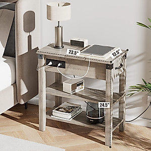 IDEALHOUSE End Table with USB Ports and Outlets, Flip Top Side Table Narrow Bedside Table with Drawer and Storage Shelves for Living Room, Rustic Grey