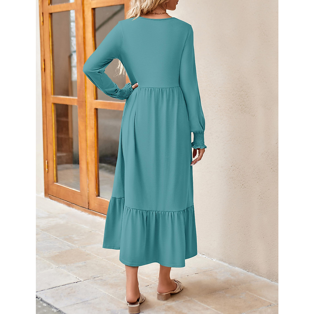 ZESICA Women's Spring Long Sleeve Dress 2025 Crewneck Casual Loose Pleated Tiered Swing Midi Dresses with Pockets,Sage,Medium