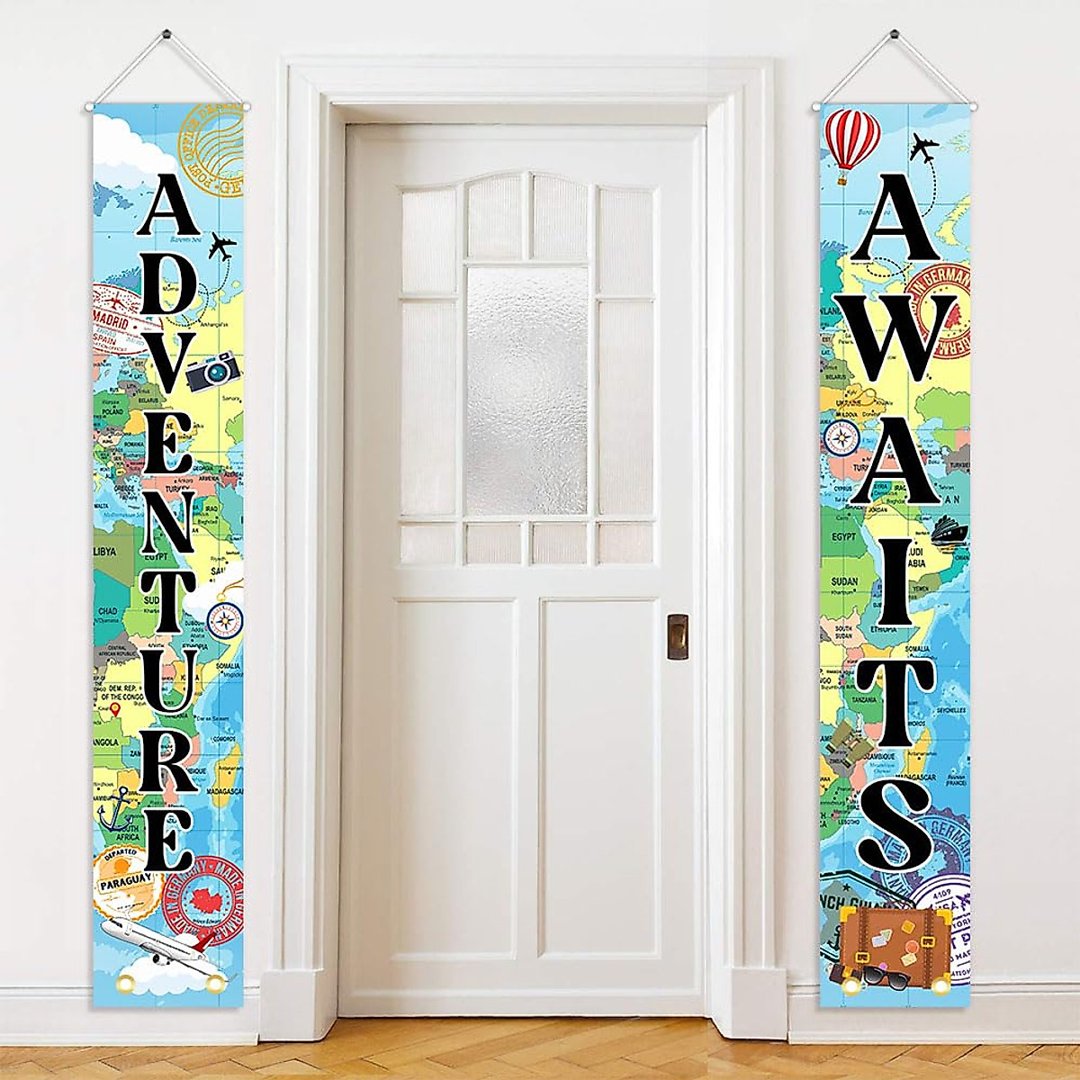 Avezano Adventure Awaits Porch Sign Travel Theme Adventure Party Banner Travel Bon Voyage Door Banner for Indoor Outdoor Retirement Graduation Wedding Baby Shower Decorations