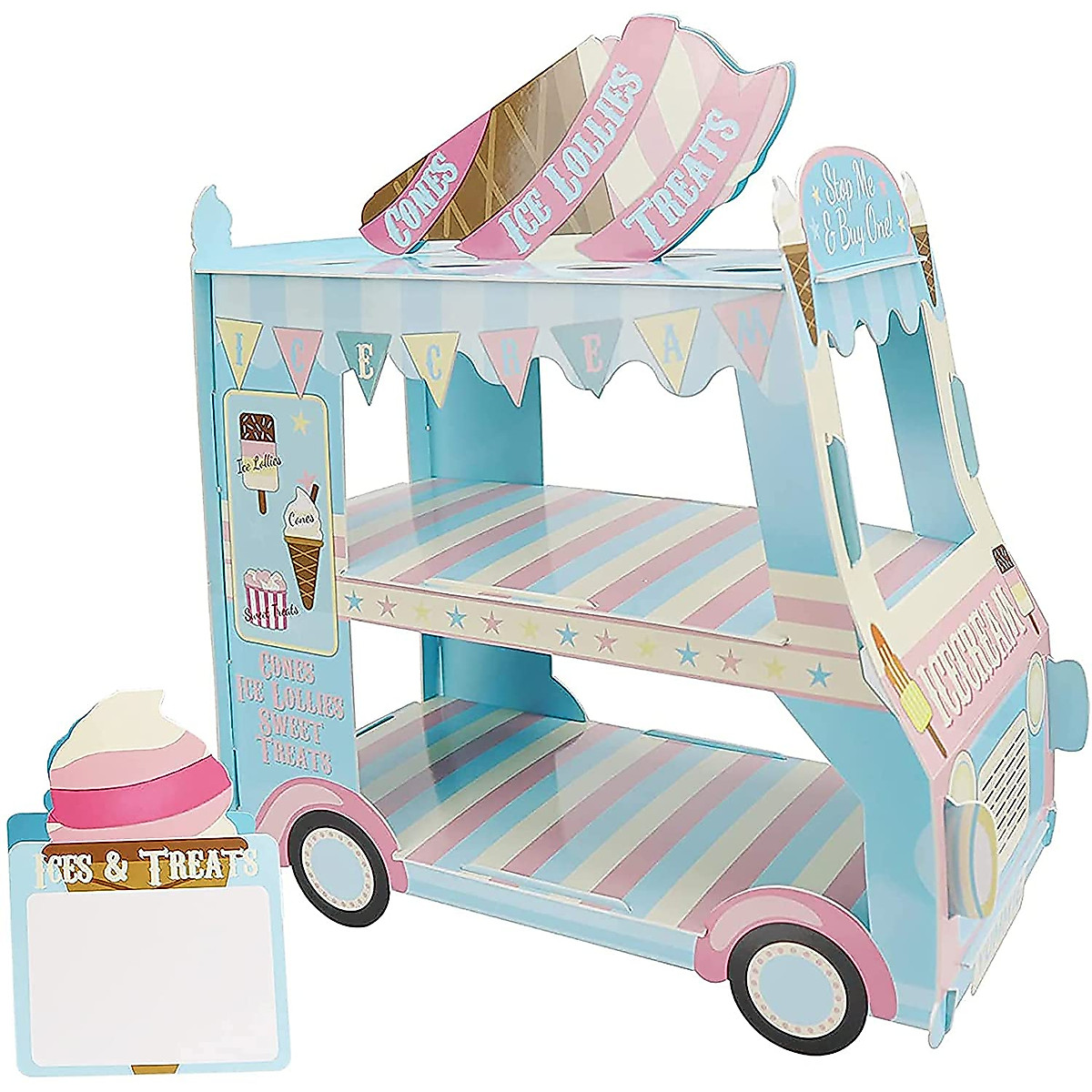 YONDMMIY 3 Tier Cupcake Stand Ice Cream Van Stand Cars Display Stand Bus Cupcake Cake Stand Truck Paper Cupcake Holder for Kids Birthday Party Decorations