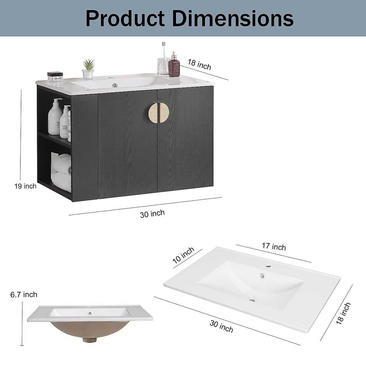 NOTOP 30" Floating Bathroom Vanity with White Ceramic Sink Comb, Modern Undermount Solid Wood Two Soft Close Doors Wall-Mounted Cabinet Set with Side Right Open Storage Shelf,Black, 30IN