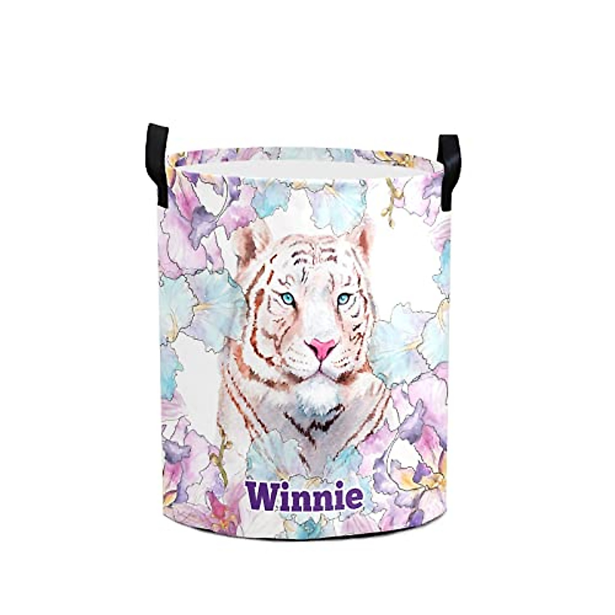 White Tiger Floral Personalized Waterproof Foldable Laundry Basket Bag with Handle, Custom Collapsible Clothes Hamper Storage Bin for Toys Laundry Dorm Travel Bathroom