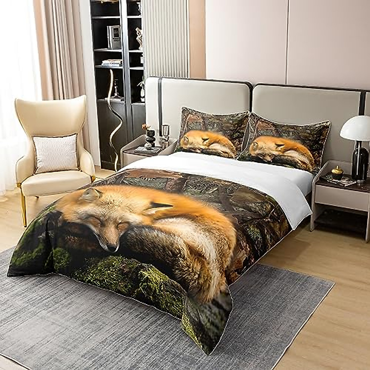 Fox 100% Cotton Duvet Cover Twin,Tree Branch Camo Bedding Set Jungle Wild Animal Woodland Hunting Comforter Cover for Boys Teen Men Rustic Farmhouse Bed Set Autumn Nature Camouflage Quilt Cover