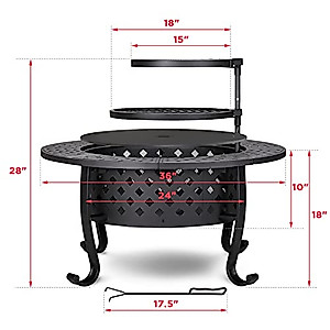 PaPaJet 36 Inch Fire Pit with 2 Grill, Outdoor Wood Burning Firepit with Lid, Metal Round Table for Backyard Patio Garden Picnic Camping Bonfire