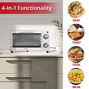 Aiwa 750W Toaster Oven 4 Slice with Baking Tray, Bake Toast Cook and Broil, Temperature Control, 60 Minute Timer Knob, Automatic Shutoff, Baking Tray and Crumb Tray Included