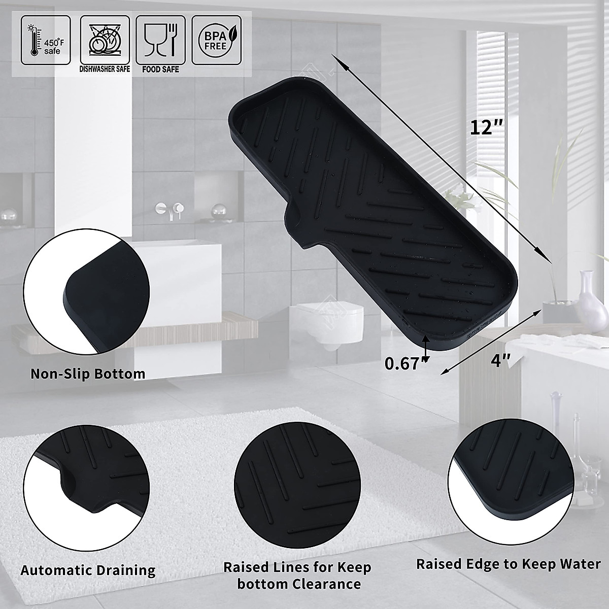 MicoYang Silicone Bathroom Soap Dishes with Drain Spout-Bathroom and Kitchen Sink Organizer,Sponge Holder,Dish Soap Tray,Perfect for Dispenser,Scrubber,Bottle,Cup on Sink or Counter-Black 12"×4"