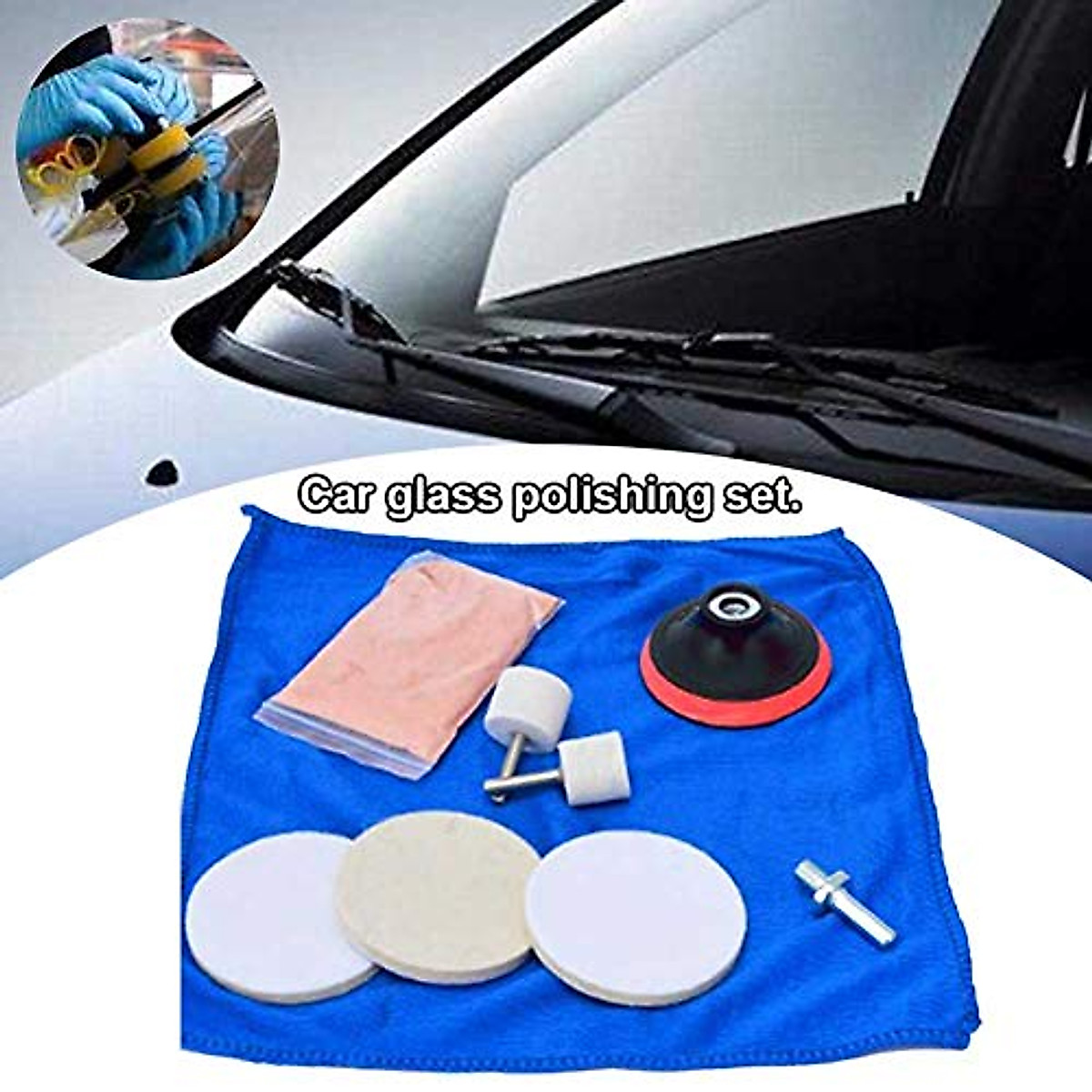 Kakalote 9Pcs/Set Glass Polishing Kit Multifunctional Deep Scratch Remover Car Polish Pad Cerium Oxide Polishing Powder Felt Polishing Wheel Set for Windscreen and Glass Repair