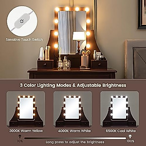 CHARMAID Makeup Vanity Desk with Lighted Mirror, 3 Color Lighting Modes, Adjustable Brightness, 3 Drawers, Removable Dividers, Bedroom Dressing Table Vanity Set with Stool for Girls Gift (Espresso)