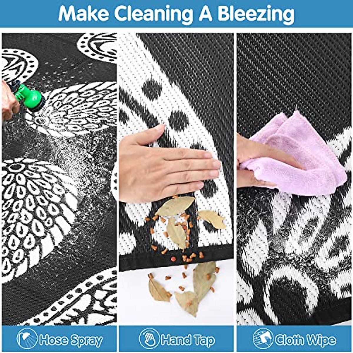 Deeliva Outdoor Camping RV Rug Mat, 9'x12' Waterproof Large Camper Rug Reversible Plastic Straw Rug Outdoor Rugs for Camping, RV, Patio Clearance, Deck, Picnic, Beach (Black & White, Paisley)