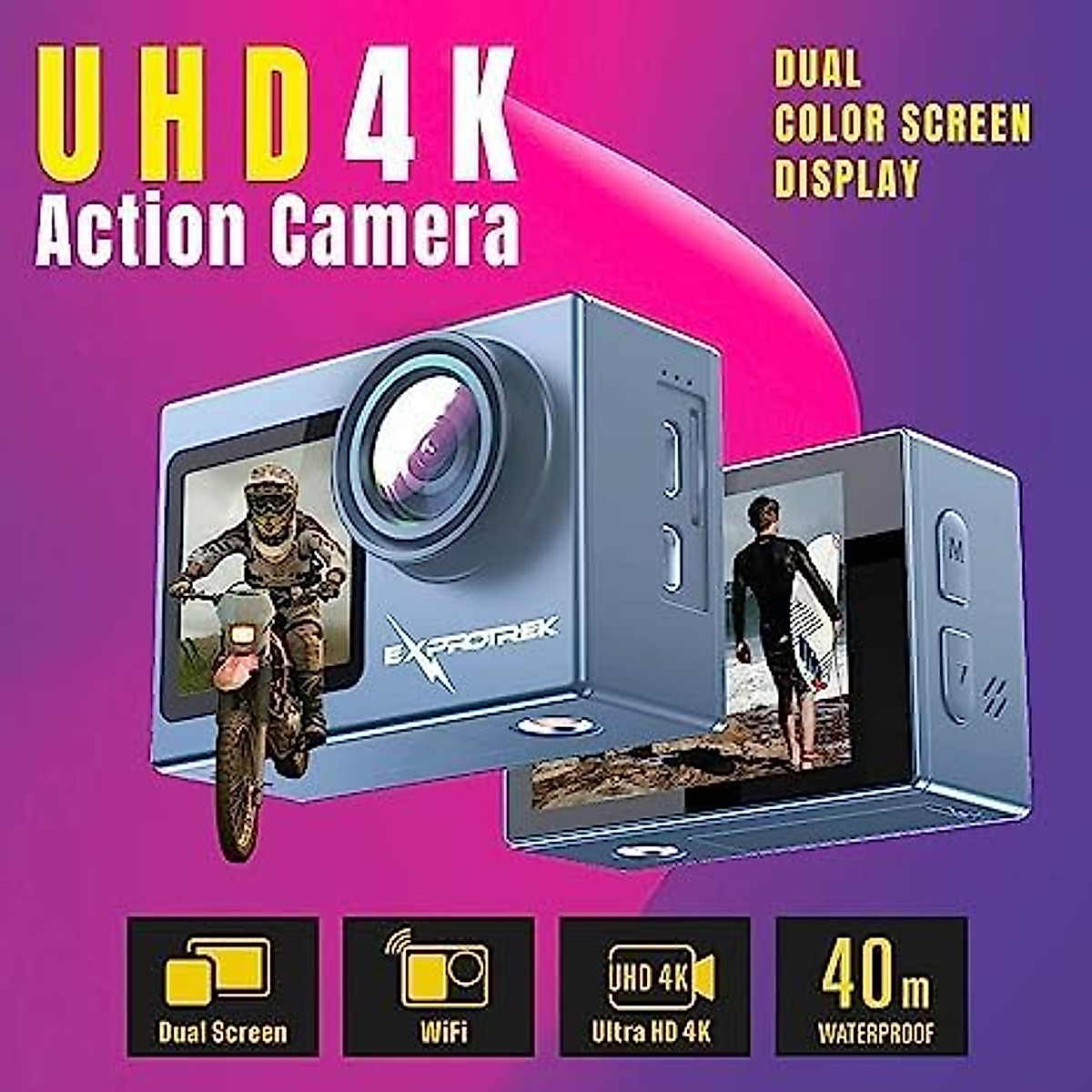 Exprotrek 4K Action Camera with Touch Screen, EIS Stabilization, 170 ° Ultra Wide Angle, 40 Meter Waterproof Underwater Camera, Remote Control Sports Camera with Helmet Accessory Set