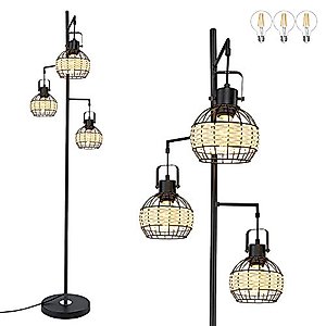 DLLT Industrial Floor Lamp, 3-Light Farmhouse Tree Standing Lamps with Metal Rattan Cage Shape, Tall Pole Reading Lighting for Corner Living Room Bedroom Office, 3000K 8W E26 Bulbs Included, UL Listed