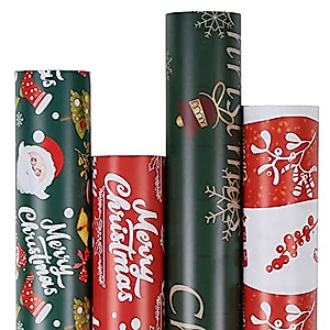 Aimyoo Red and Green Christmas Gift Wrapping Paper Bundle 4 Rolls 17 in x 16 ft per Roll, Merry Christmas Santa Claus Bells Deer Candy Canes Design