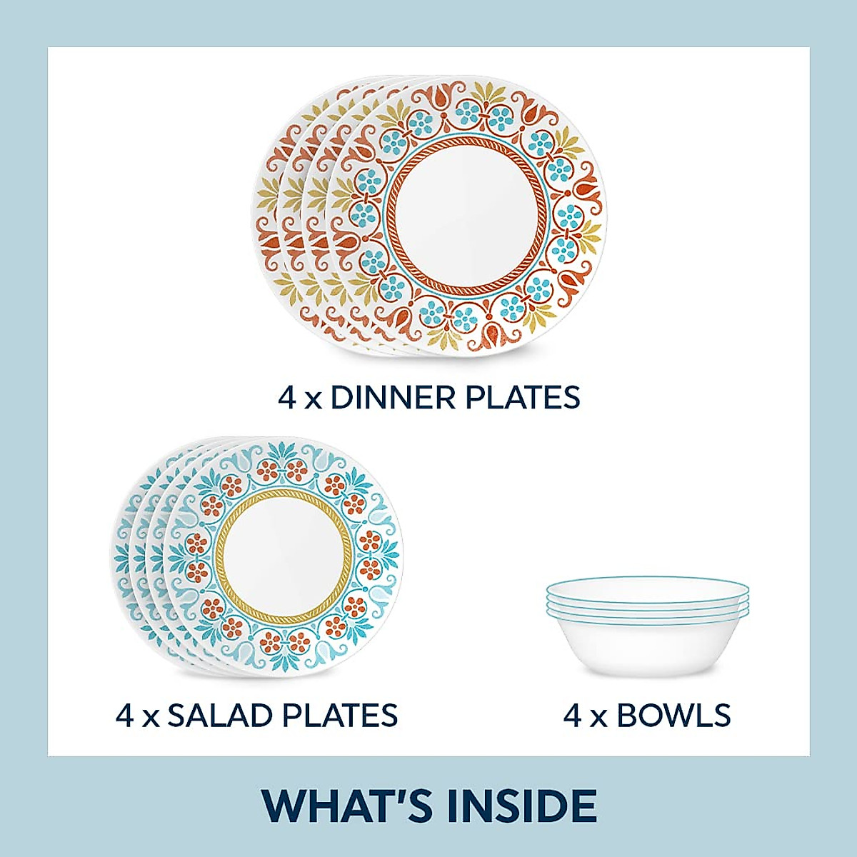 Corelle Global Collection Vitrelle 12-Piece Dinnerware Set, Triple Layer Recycled Glass, Lightweight Eco-Friendly Round Plates and Bowls Set, Terracotta Dreams
