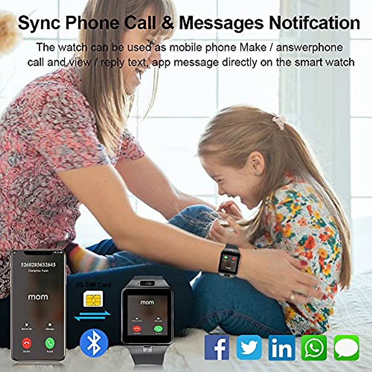 Padgene DZ09 Bluetooth Smartwatch,Touchscreen Wrist Smart Phone Watch Sports Fitness Tracker with SIM SD Card Slot Camera Pedometer Compatible with iOS Android for Kids Men Women