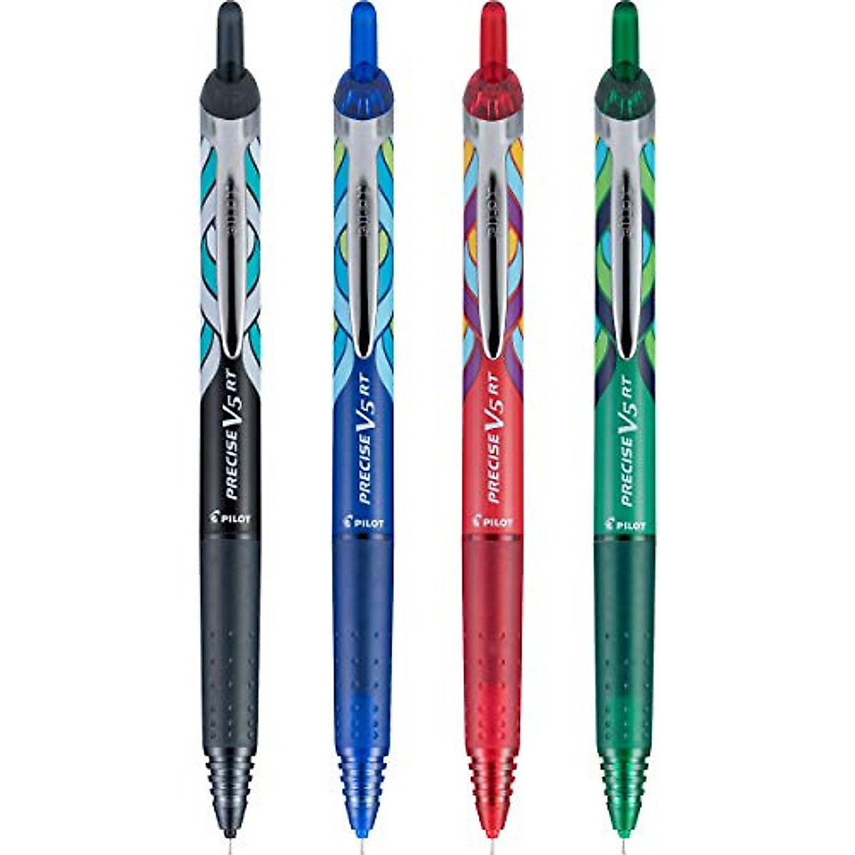 PILOT Precise V5 RT Deco Collection Refillable & Retractable Liquid Ink Rolling Ball Pens, Extra Fine Point (0.5mm) Black/Blue/Red/Green Inks, 4-Pack (41978)