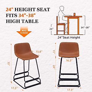 Counter Stools Industrial Faux Leather Bar Stools Set of 2,Urban Armless Dining Chairs with Metal Legs Modern Counter Height Barstools for High Desk Home Office Restaurants,24"