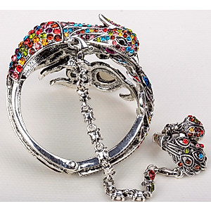 YACQ Big Peacock Bracelets with Attached Rings for Women Fit Wrist Circumference 6.5 to 7.5 inch & Finger Size 6.5 to 9