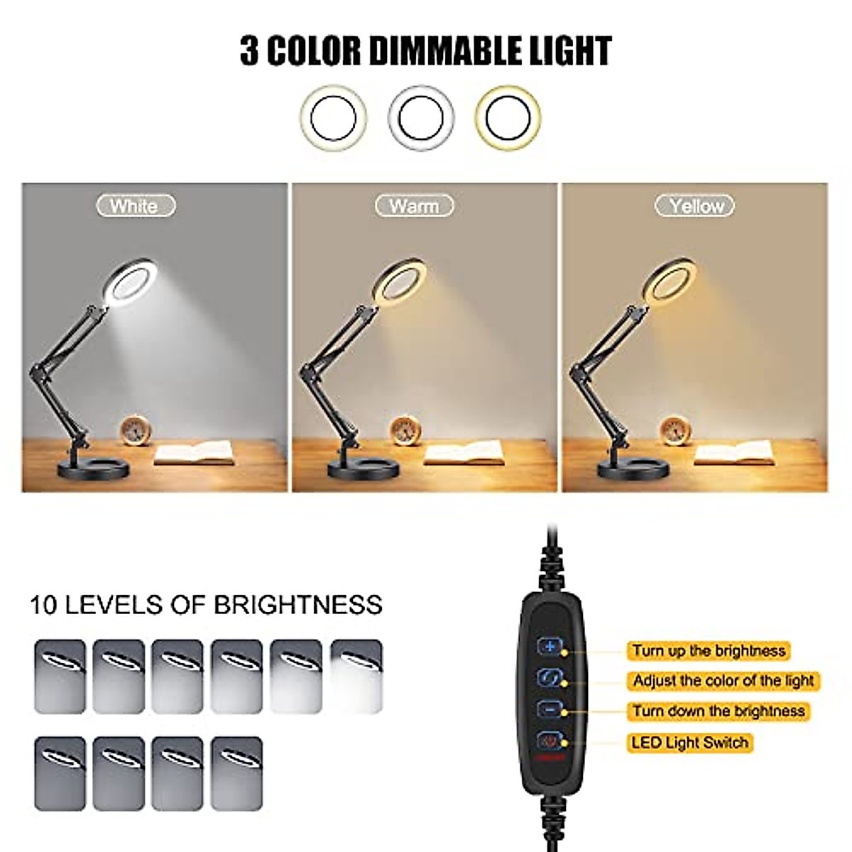 Magnifying Desk Lamp with Clamp, Toolour 2-in-1 3 Color Modes Lighted 5X Magnifying Glass with Light and Stand, 4.13'' Glass Lens, 72 PCS LED Lights for Hobbyists, Jewelers, Sewing, Close Work Craft