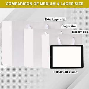 12 Pack Medium Gift Bags with Ribbon Handles & Tissue bags, White Gift Bags for Shopping, Small Business, Bridal Party, Wedding, Baby Shower, Bridal Party, Christmas and Holiday (10.6” x3.1” x8.3”)