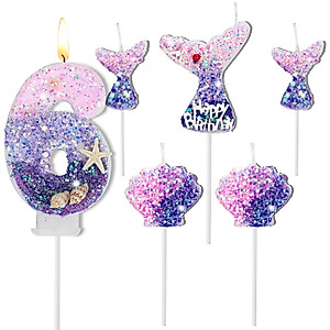 6 Pcs Birthday Candles, 2.8 Inch Mermaid Theme Birthday Cake The Number 0-9 Candles, 1 Pcs Number 3 Pcs Mermaid Tail and 2 Pcs Shell Candles for Birthday Decorations Mermaid Themed Party (Number 6)