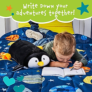 MEMORY MATES Cuddly Memory Foam Pillow Plush with Belly Pocket, Kids Pillow for Hugging Sleeping & Storing Diary, 15” Stuffed Animal & Journal Set - Waddles The Penguin