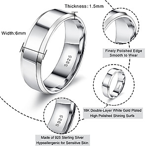 MILACOLATO 6mm Sterling Silver Rings for Women Men 18K White Gold Plated Beveled Edge Plain Thumb Ring High Polish Wedding Band Ring Comfort Fit Size 10