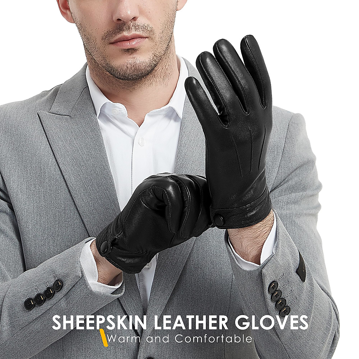 Dsane Winter Genuine Sheepskin Leather Gloves for Men, Warm Touchscreen Texting Cashmere Lined Driving Motorcycle Gloves (Black, L)