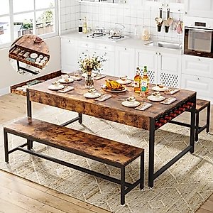 Loomie 63" Dining Table Set for 4-6, 3-Piece Kitchen Table with 2 Utensil Drawers, 2 Benches & Wine Rack, Modern Space Saving & Heavy Duty Dinner Table Set with Metal Frame & MDF Board, Rustic Brown