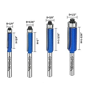 MNA Top Bearing Flush Trimming Bits Set of 4, Straight Flush Trimming Router Bits Set. 1/4" shank. Cut to heights of 1/4", 5/16", 3/8", 1/2". Ideal for trimming shelf edges etc. (Send Bearing)