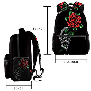 Niaocpwy Skeleton Hand Holding Red Rose School Backpack Medium Size, Travel Bag For Women Girls Men Boys Teens
