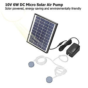 Solar Air Pump, 10V 6W Solar Oxygen Air Fountain Pump with Air Hoses and Bubble Stones, 180° Adjustable Panel, Noiseless Solar Powered Oxygenator Aerator for Fish Tank Pond Aquarium