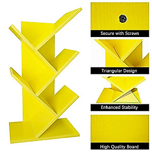 QUMENEY Tree Bookshelf, 5 Shelf Display Bookcase,Tree Bookcase for Books/CDs/Albums/Files Holder, Free Standing Book Shelves Organizer for Office，Bedroom, Living Room (Yellow)