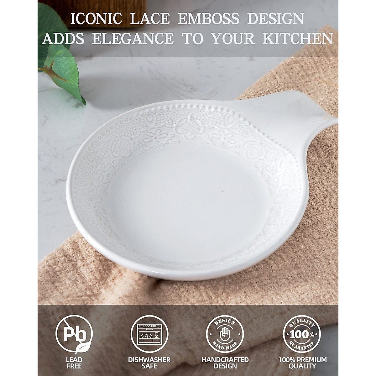 FE FUN ELEMENTS SpoonHolder, Ceramic Spoon Rest for Kitchen Countertop, Large Lace Embossed Kitchen Spoon Rest for Stovetop, Ceramic Spoon Rest for Kitchen Countertop, 5.5inch Utensil Tray (White)